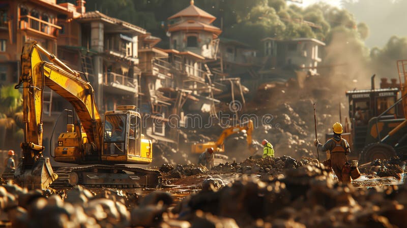 Excavator Digging at Construction Site in Urban Area on Sunny Day Stock ...