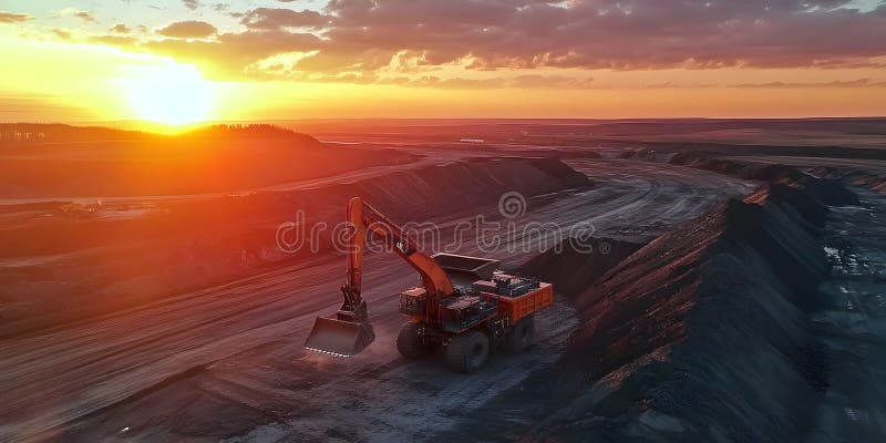 Excavator Working in a Coal Mine at Sunset Stock Illustration - Illustration of excavator ...