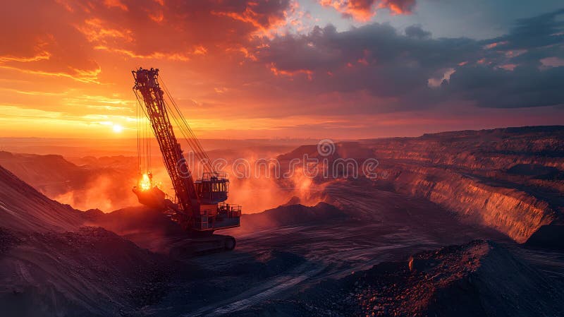 Excavator Working in a Coal Mine at Sunset Stock Illustration ...