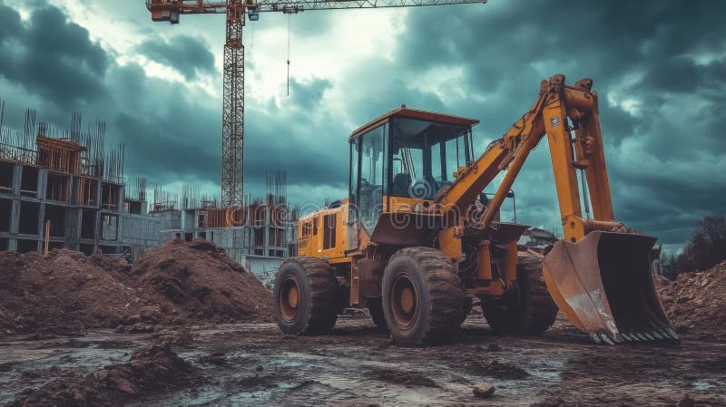Excavator Working on a Construction Site with Building Under ...