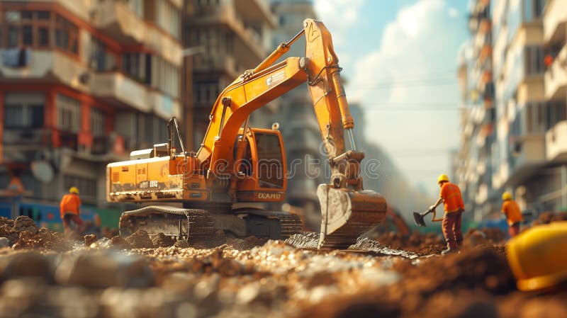 Excavator Digging at Construction Site in Urban Area on Sunny Day Stock ...