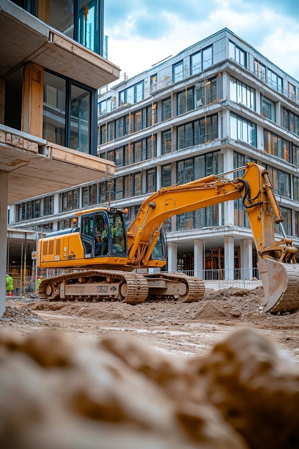 An Excavator is Working on a Construction Site in Front of a Building ...