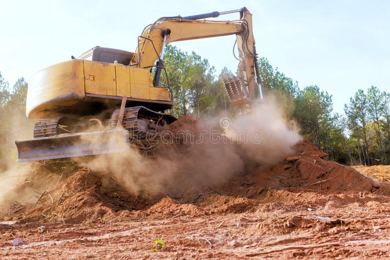 Excavator Working on Construction Site at during Moving Dirt, Soil ...