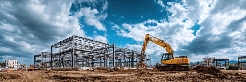 Excavator Working at Construction Site with Steel Frames Under a Cloudy ...