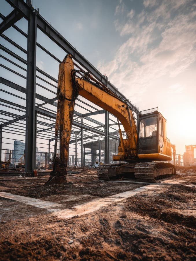 Excavator Working on Construction Site with Steel Frames Under a Cloudy ...