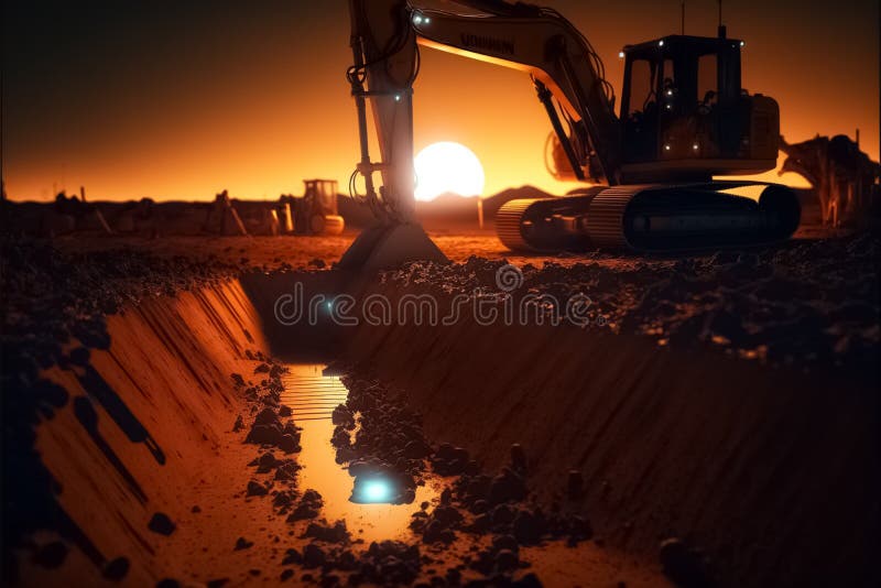 Excavator Working on a Construction Site on the Sunset. Digging Trench ...