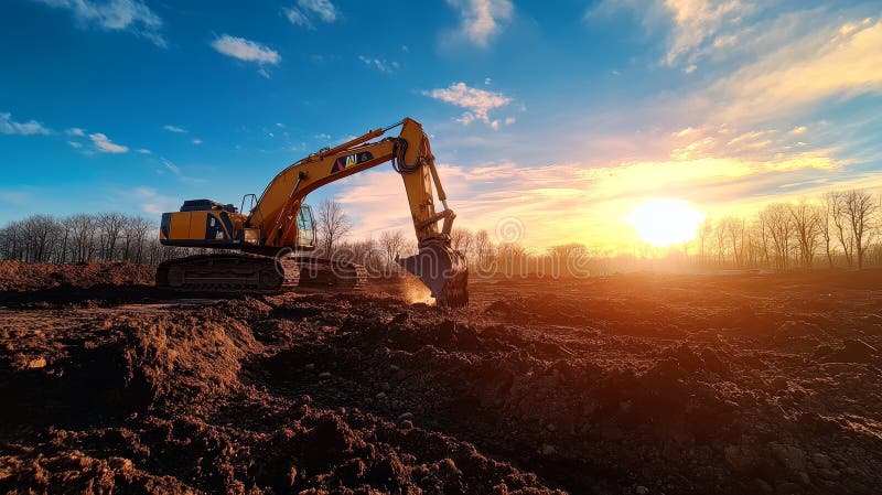 Excavator Working on Construction Site at Sunset a Powerful Machine ...