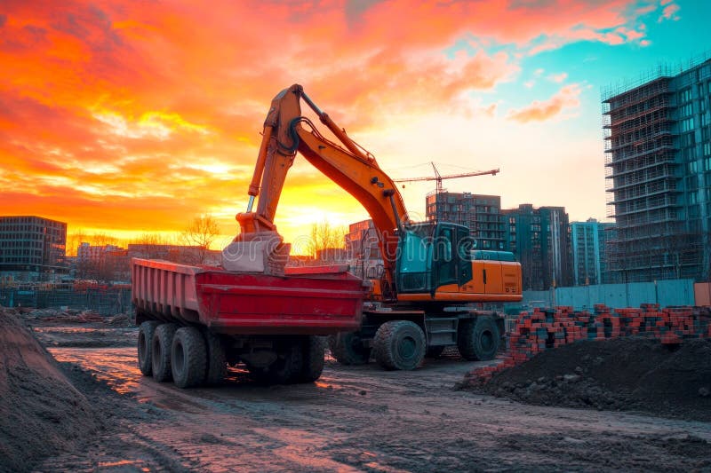 Excavator Working at a Construction Site during Sunset. the Vibrant Sky ...