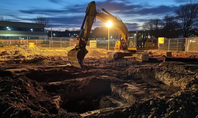 Excavator Working at Construction Site during Twilight, Illuminated by ...