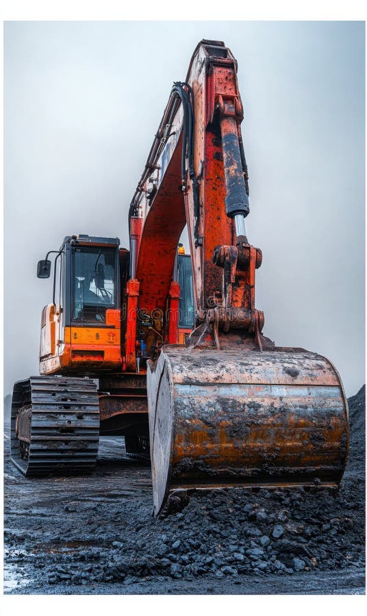 Excavator Working on a Construction Site Under Cloudy Weather Stock ...