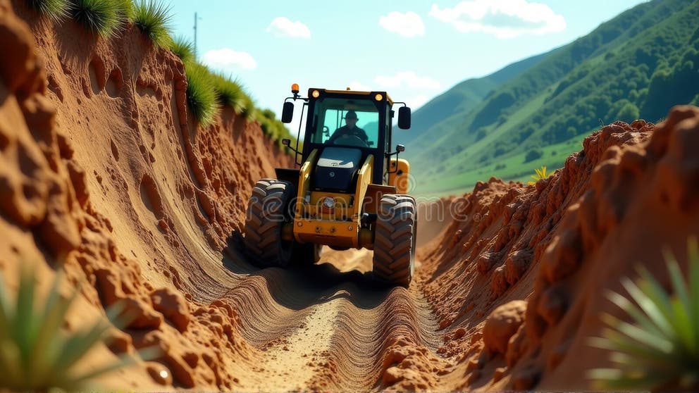 Excavator Working in a Deep Ditch. Stock Illustration - Illustration of ...