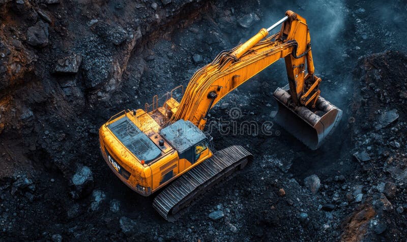 Excavator Working in a Deep Mining Pit during Cloudy Daylight Hours ...