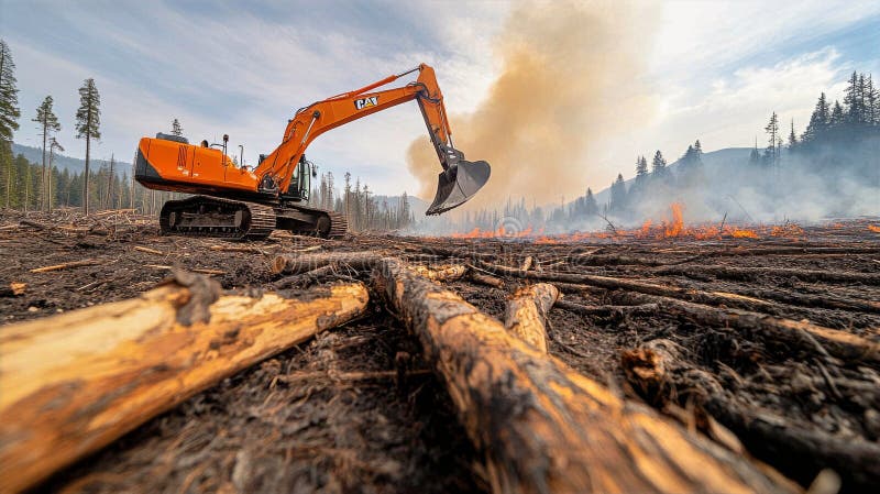 Excavator Working on Deforestation Site with Smoke Rising in the ...