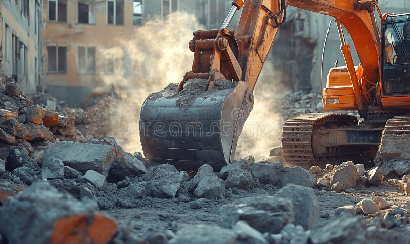 Excavator Working on Demolition Site with Debris and Smoke Stock ...