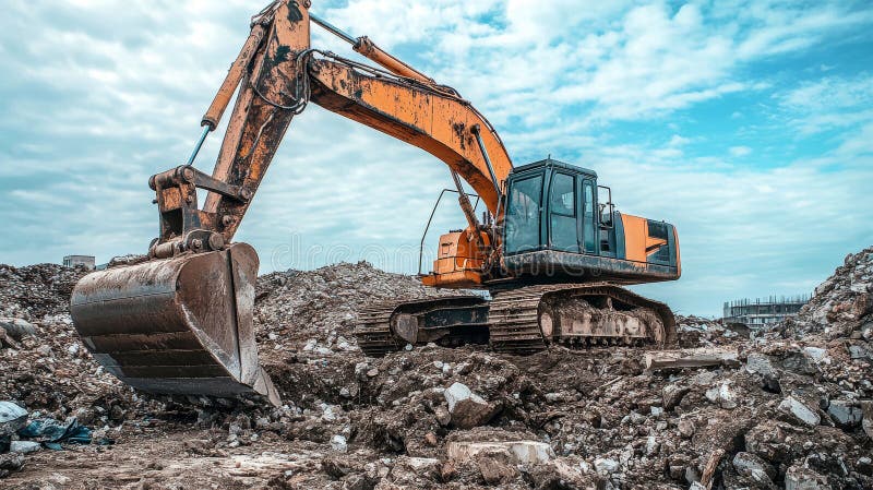Excavator Working Diligently at a Construction Site, Clearing Debris ...