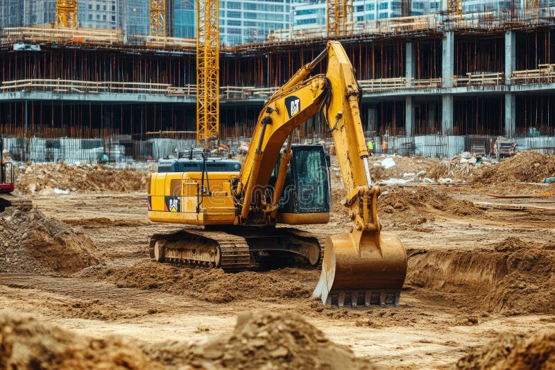 Excavator Working in a Dusty Construction Site Stock Photo - Image of ...