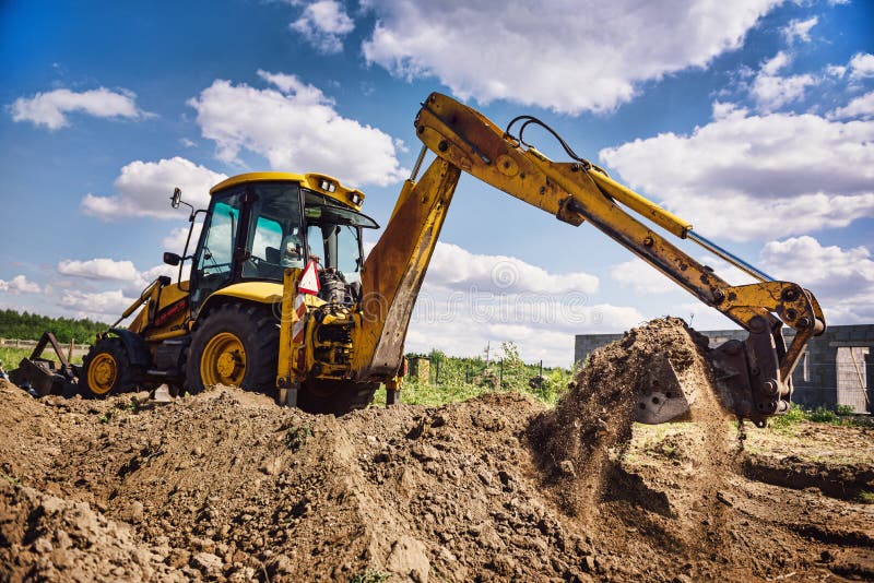 Excavator at House Construction Site - Digging Foundations for Modern ...