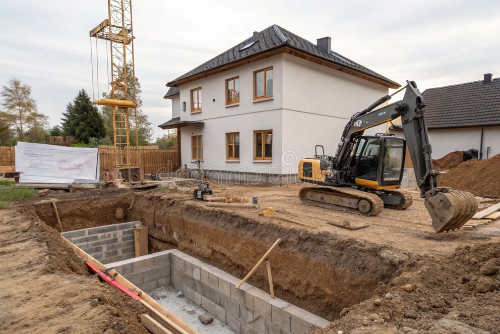 Excavator Digging Foundations for Modern House Stock Illustration ...