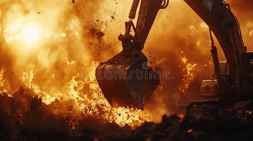 Excavator Working in Intense Fire Stock Illustration - Illustration of ...