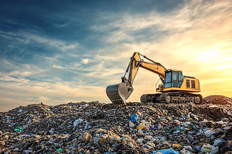 Excavator Working on a Landfill Waste Management and Environmental ...