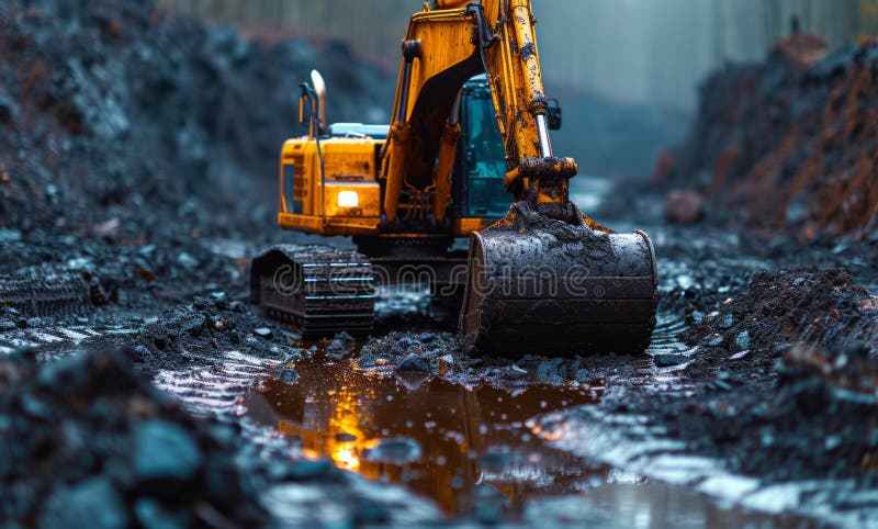Excavator Working in the Mud at the Coal Mine Stock Image - Image of ...