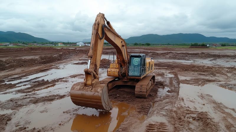 Excavator Working on Muddy Construction Site with Mountain Landscape in ...