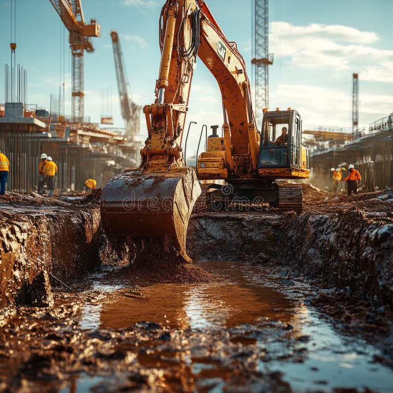 Excavator Working on a Muddy Construction Site with Workers and Cranes ...