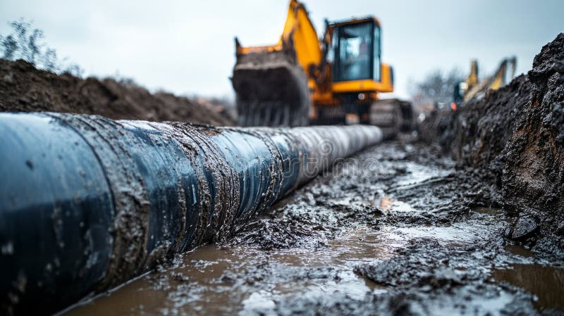 Excavator Working on a Muddy Pipeline Construction Site. Stock Image ...