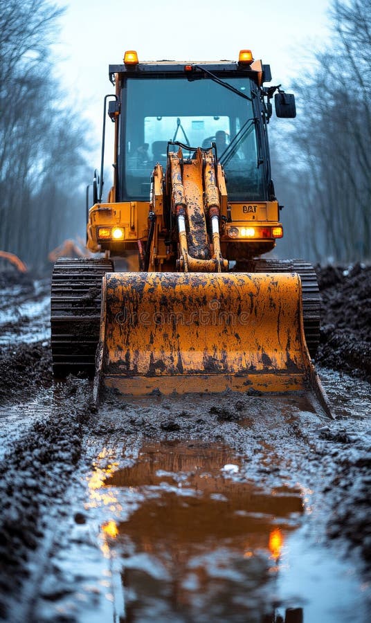 Excavator Working on Muddy Terrain in the Early Evening Light Stock ...