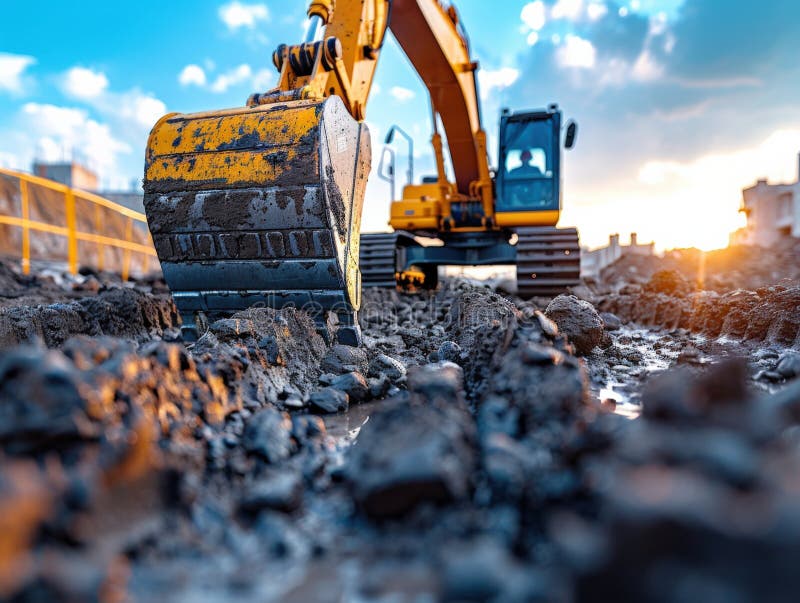 Excavator Working Muddy Terrain Sunset Stock Photos - Free & Royalty ...