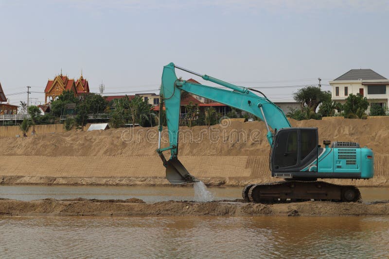 Excavator Working Near the River Stock Image - Image of architecture ...