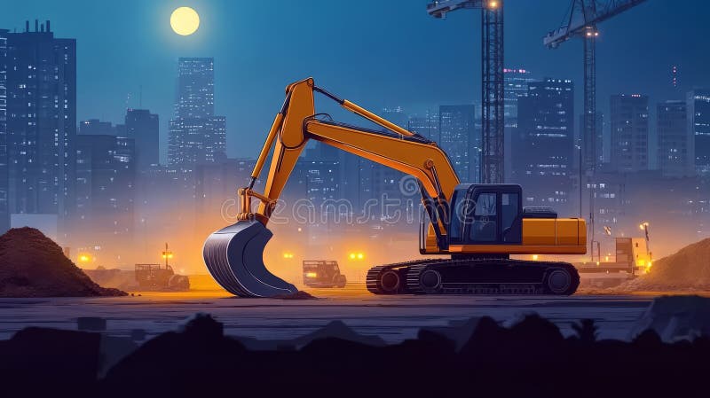 Excavator Working at Night in City Construction Site, Illuminated by ...
