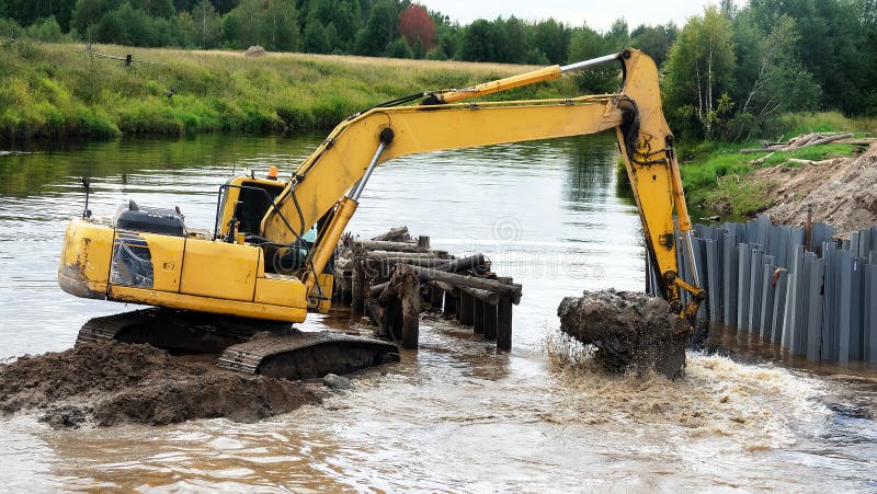 Excavator Working in the River Stock Photo - Image of river, riverside ...