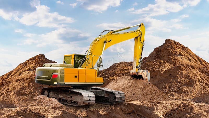 Excavator Working Digging Soil Under Clear Blue Sky Construction Site ...