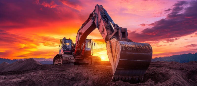 Excavator Working at Sunset in a Construction Site with Vibrant Colors Lighting the Sky Stock ...