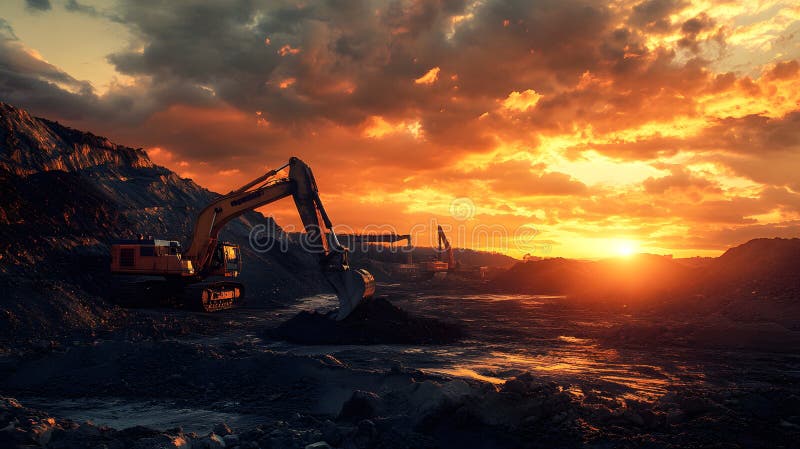 Excavator Working at Sunset in a Mining Site Stock Illustration ...