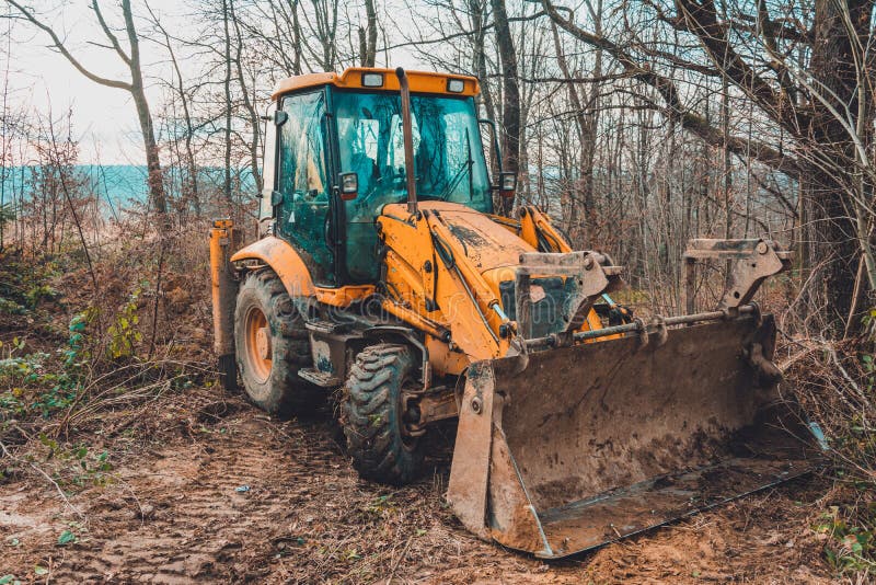 The Excavator Works in the Forest in Clearing the Forest Stock Photo ...
