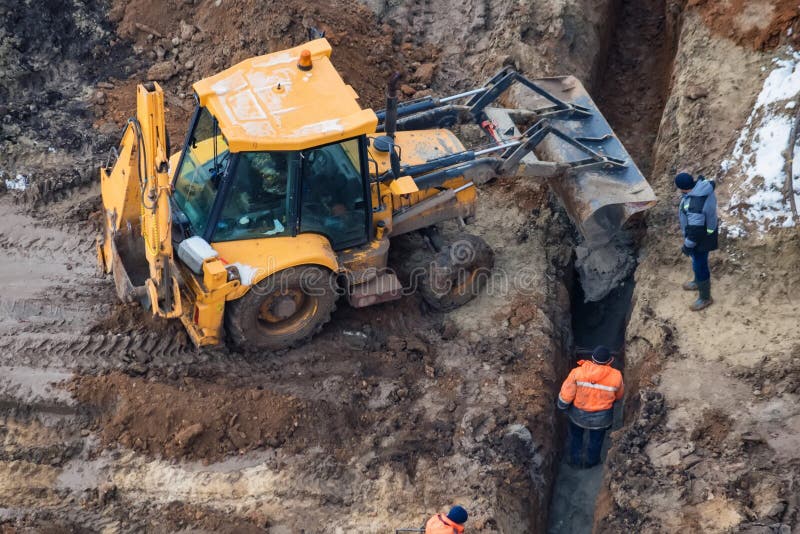 Excavator Works Near Trench on Construction Site Stock Image - Image of ...