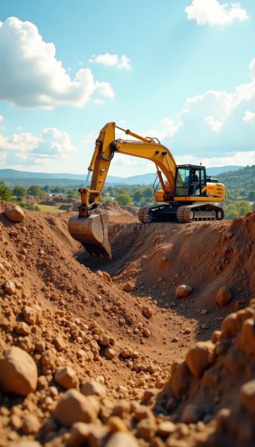 Construction Site Excavation with Heavy Machinery Moving Earth and ...