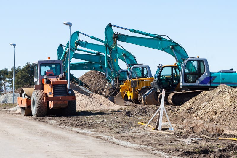 Excavators and Asphalt Compactor Truck Stock Image - Image of road ...