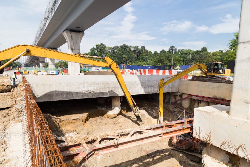 Excavators Digging Ground in Construction of Tunnel Underpass in Stock ...