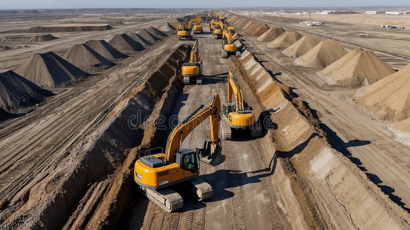Excavators Digging a Trench on a Construction Site. Infrastructure ...