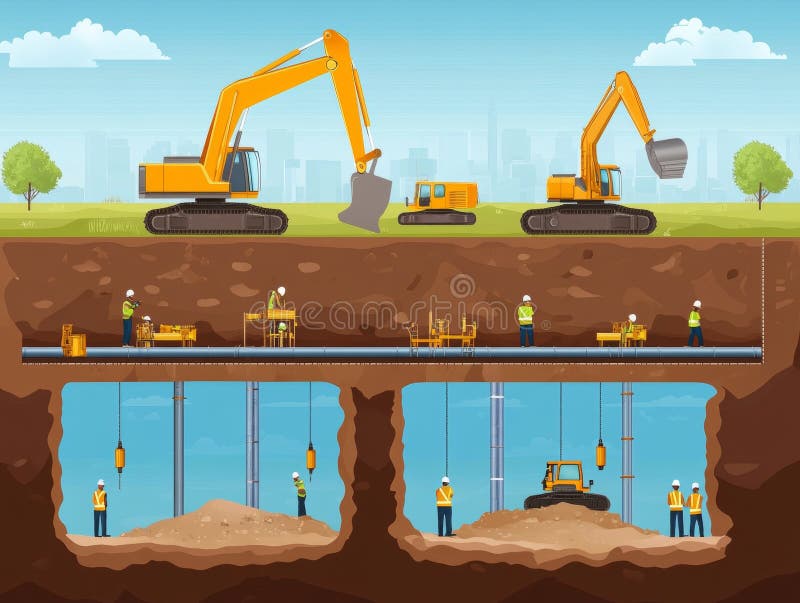 Excavators Digging and Workers Building Underground Pipeline ...