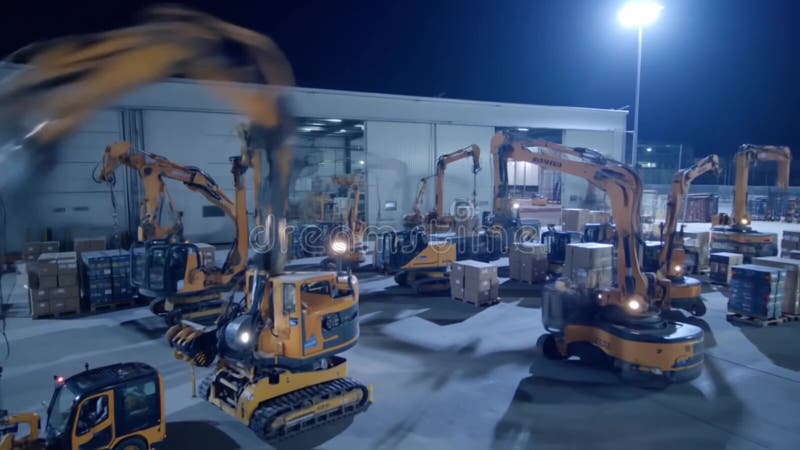 Excavators Operating in Warehouse Loading Boxes at Night Stock Footage ...