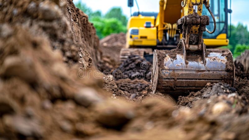 The Excavators Powerful Arm Digging through Layers of Soil As Workers ...