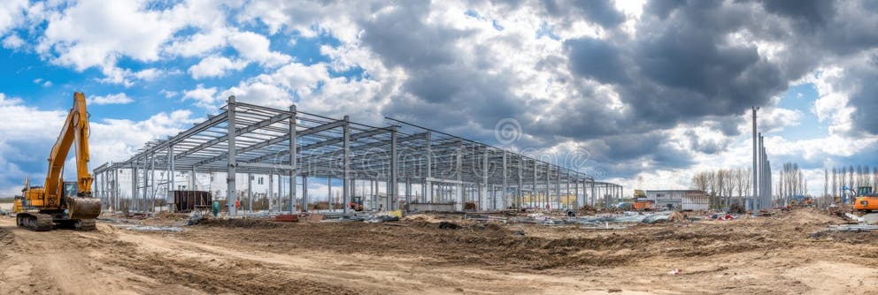 Construction Site Featuring Excavator and Steel Frames with Empty Upper ...