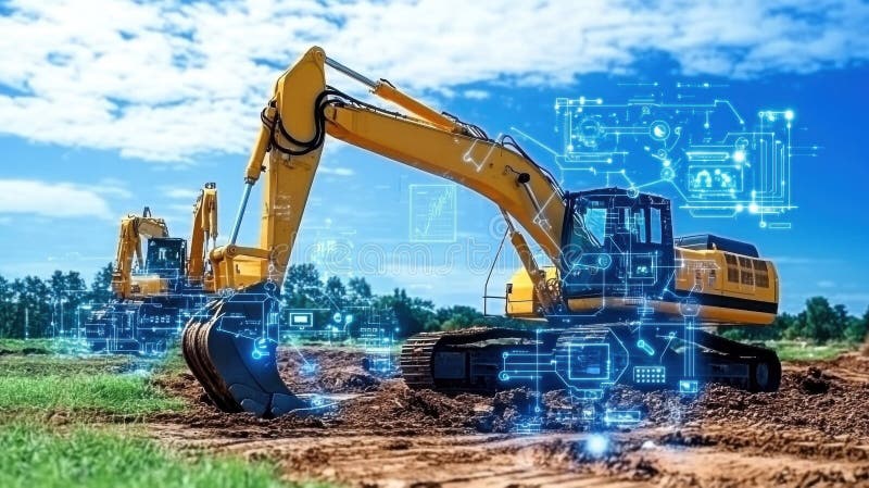 Excavators Working on Construction Site with Ai Technology Overlay ...