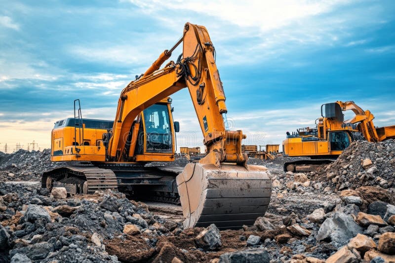 Excavators Working on Construction Site Under a Dramatic Sky at Sunset ...