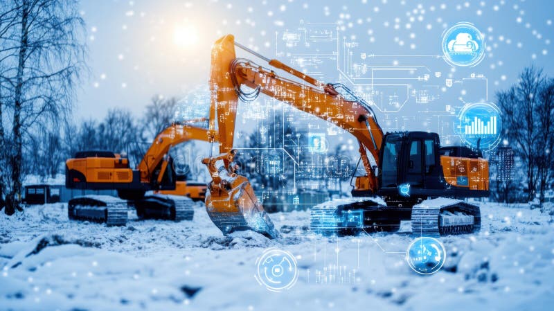 Excavators Working on Snowy Construction Site with Ai Technology ...