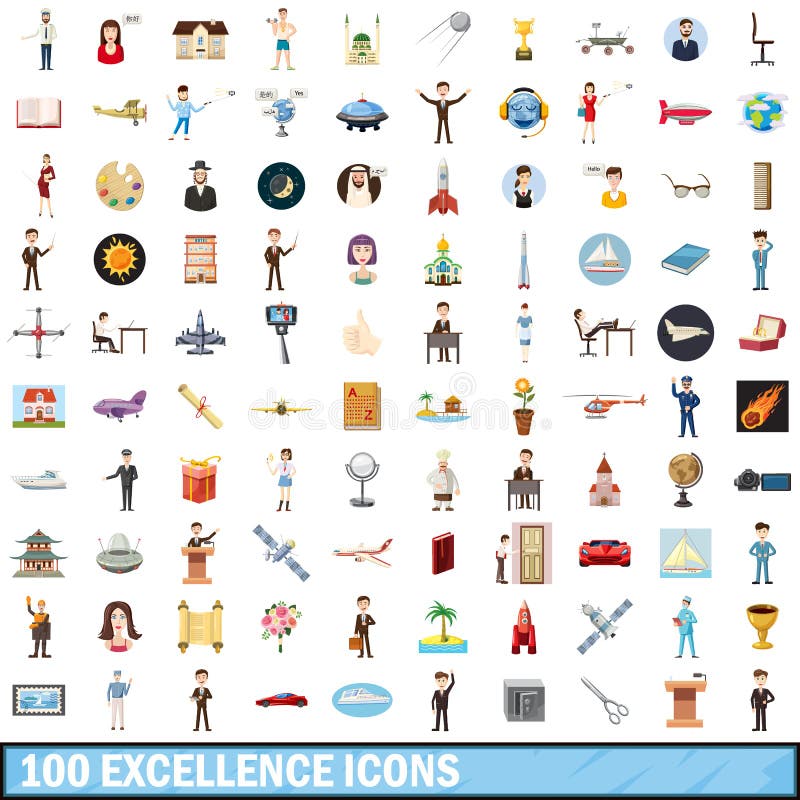 100 Excellence Icons Set, Cartoon Style Stock Vector - Illustration of ...